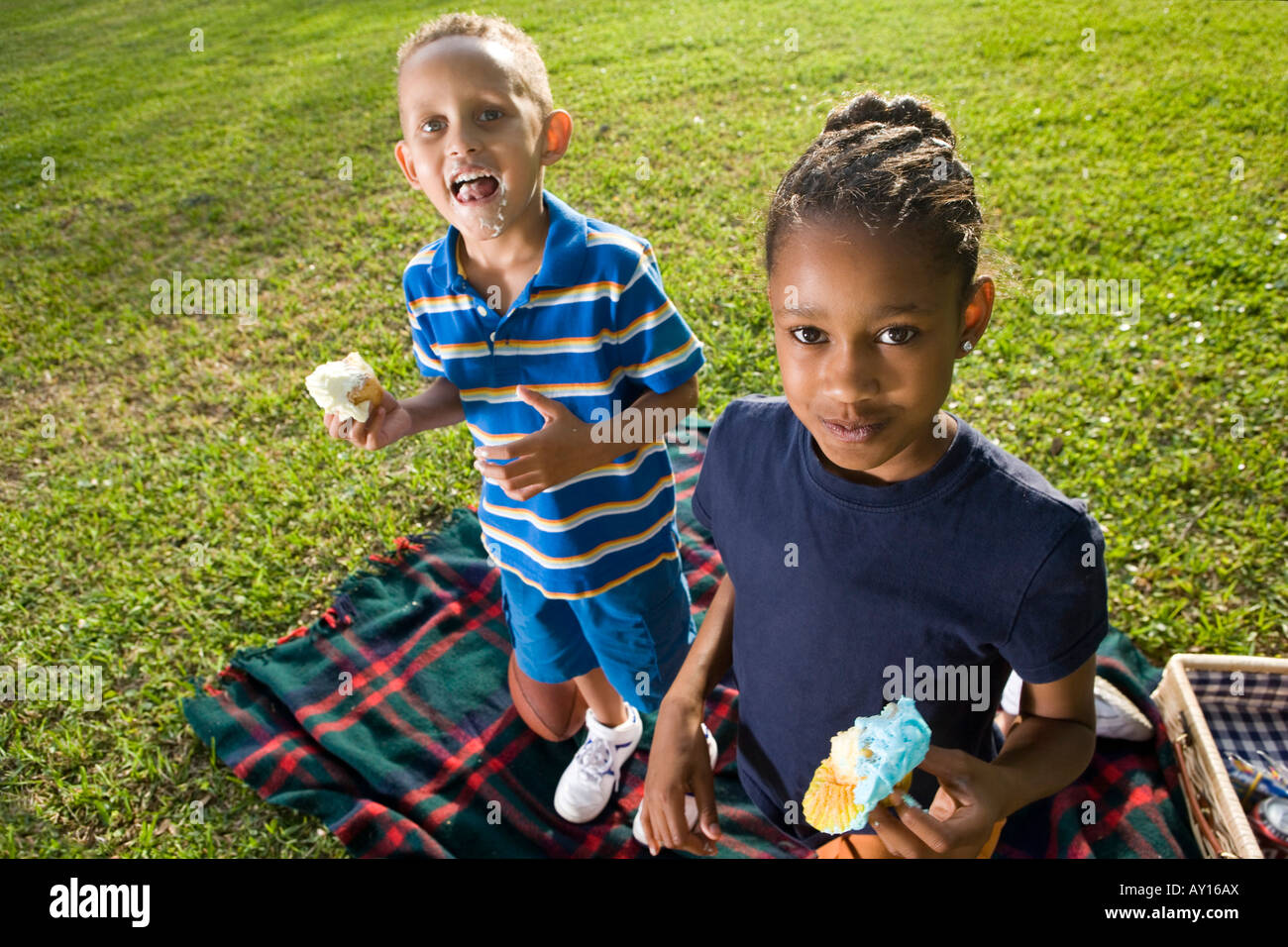 Portrait of children with pastries standing on blanket at park Stock ...