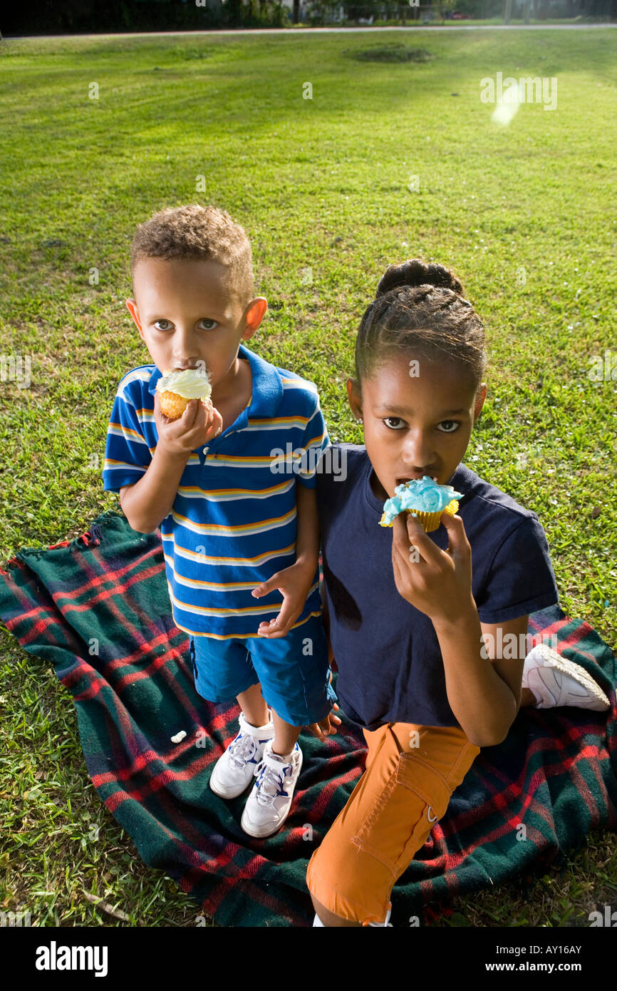 Portrait of children eating pastries on blanket at park Stock Photo - Alamy