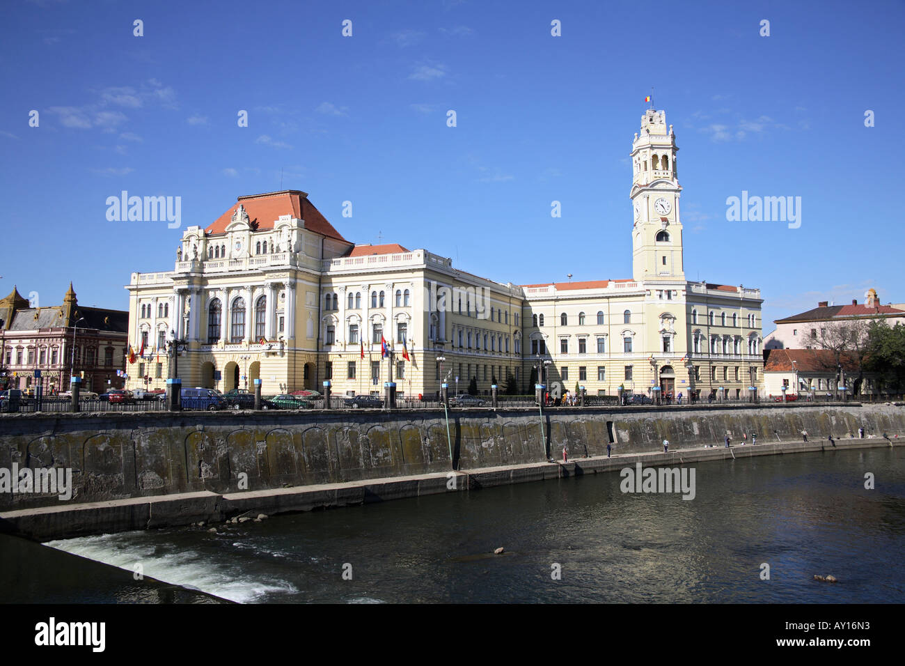 Main square and river Crisul Repede. Oradea, Crisana, Romania Stock ...