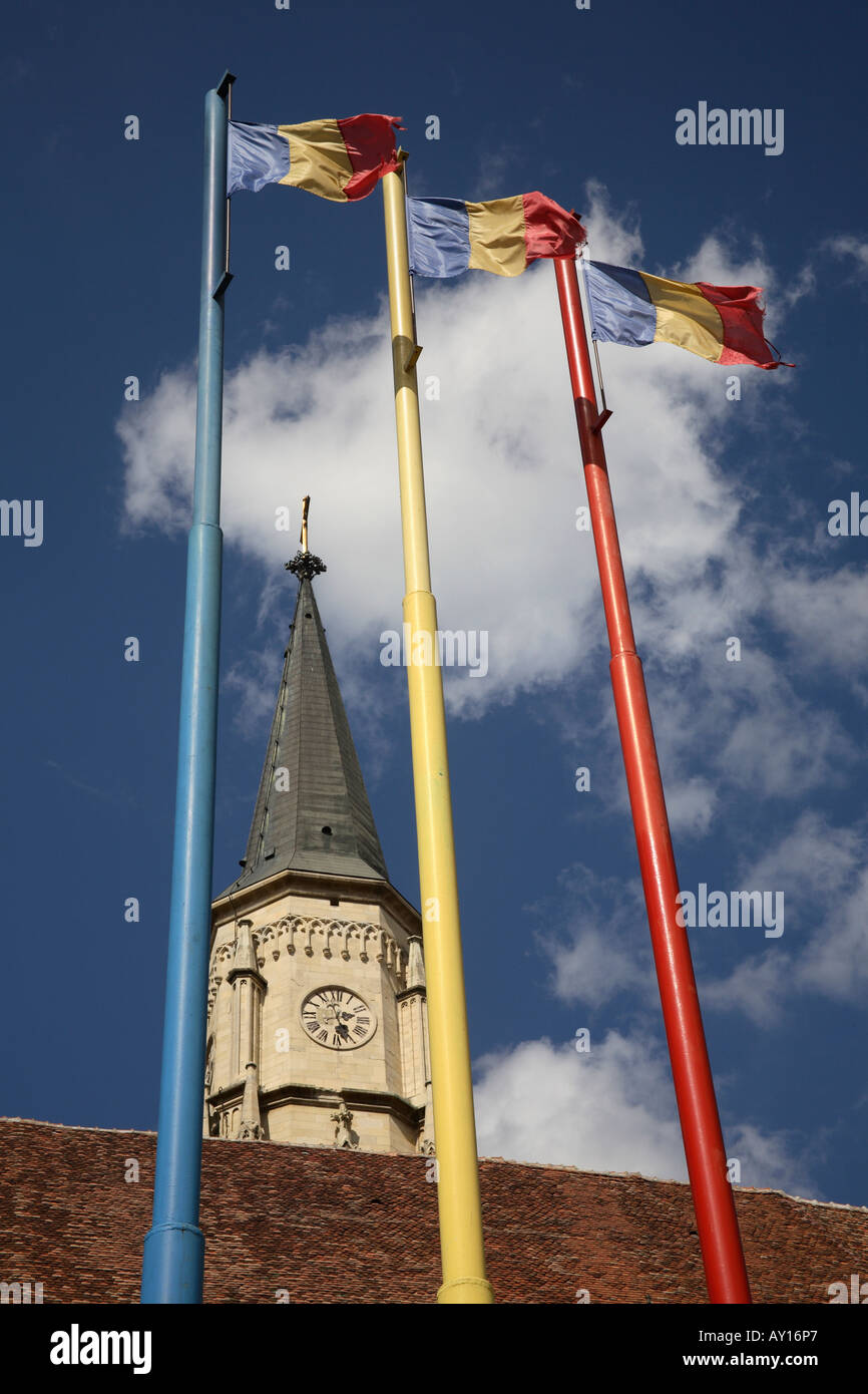Romanian Flags and Cathedral. Unirii Square, Cluj-Napoca, Transylvania ...