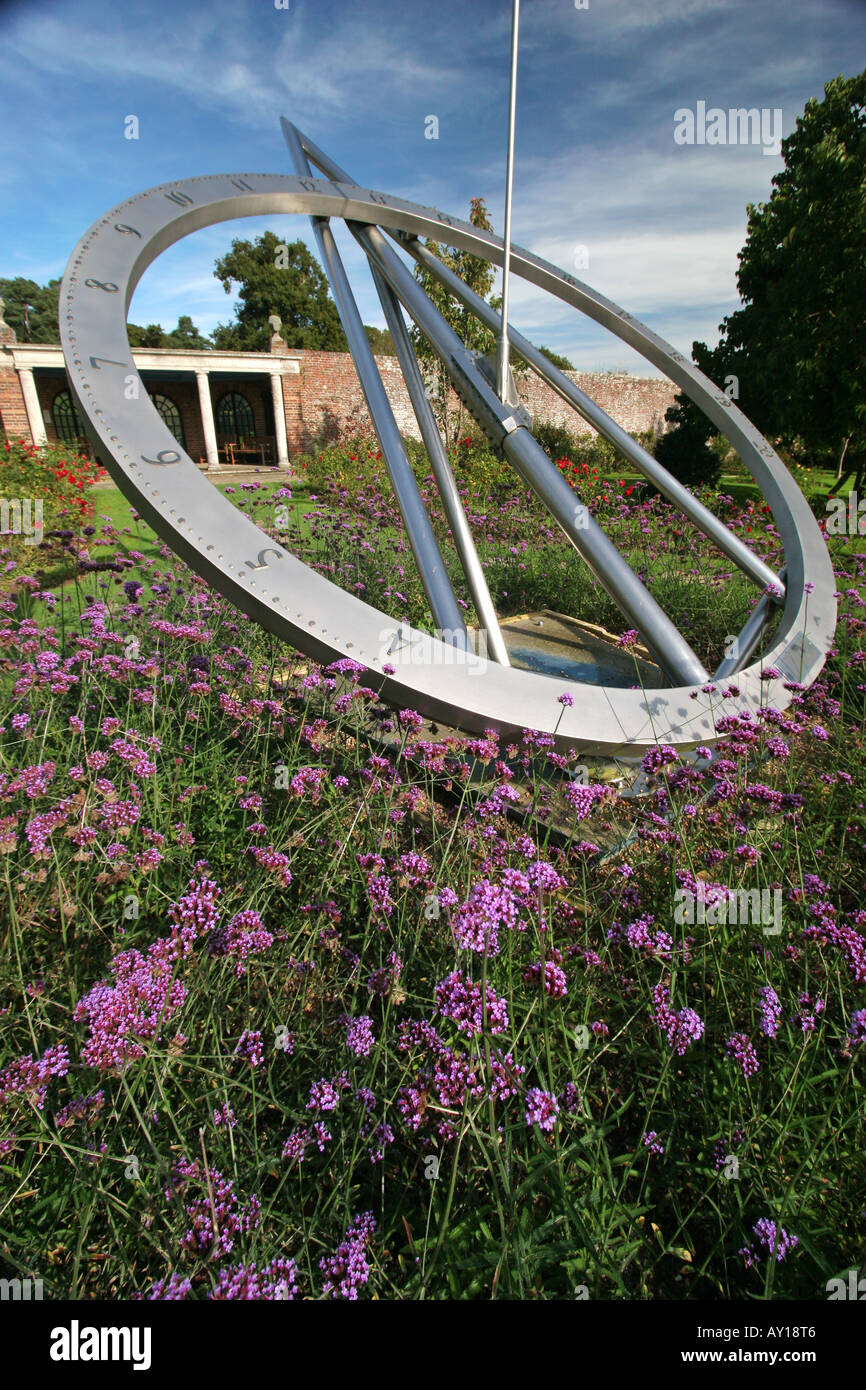 Large metal sundial in the gardens of Herstmonceux Castle in Sussex ...