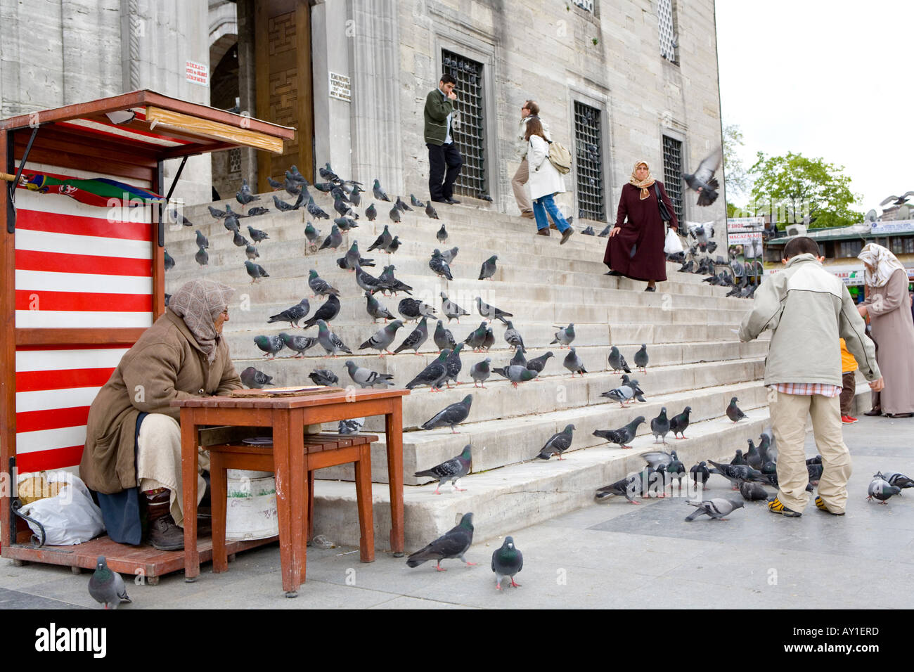 Old woman selling bird feed to tourists and visitors at the Yeni Cami ...