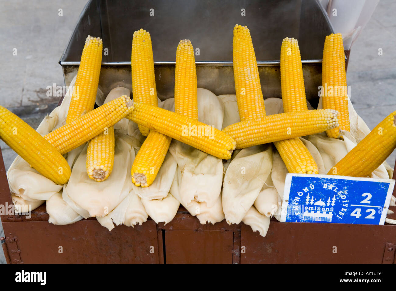 Sweetcorn for sale at an outdoor stall in the Eminonu District of ...