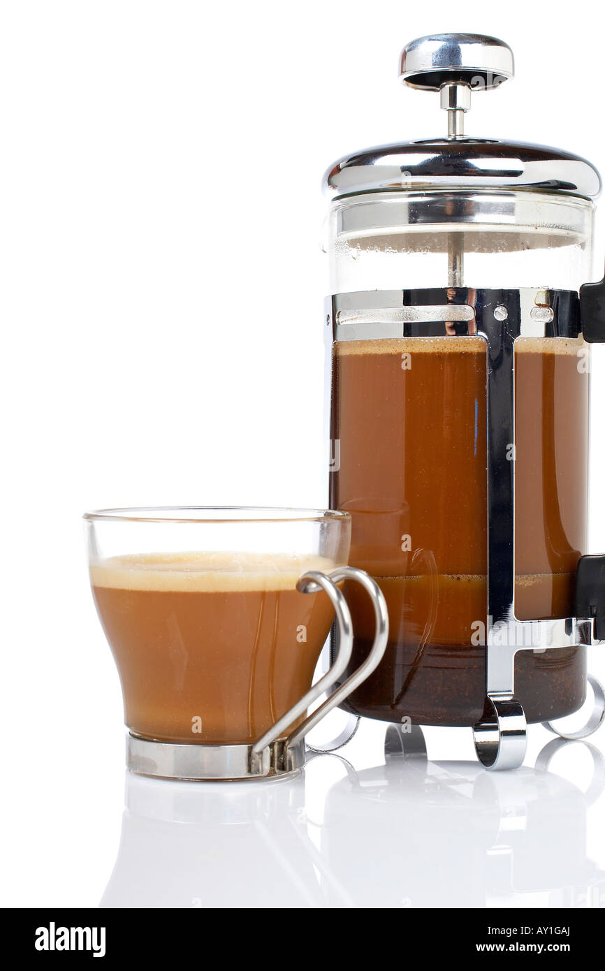 A cup and coffee pot reflected on white background Stock Photo - Alamy