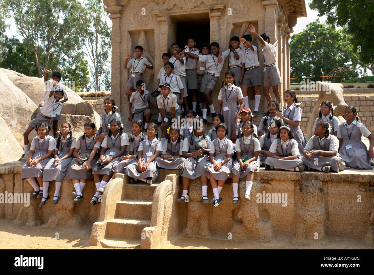 indian school children group at the five rathas site at mamallapuram ...