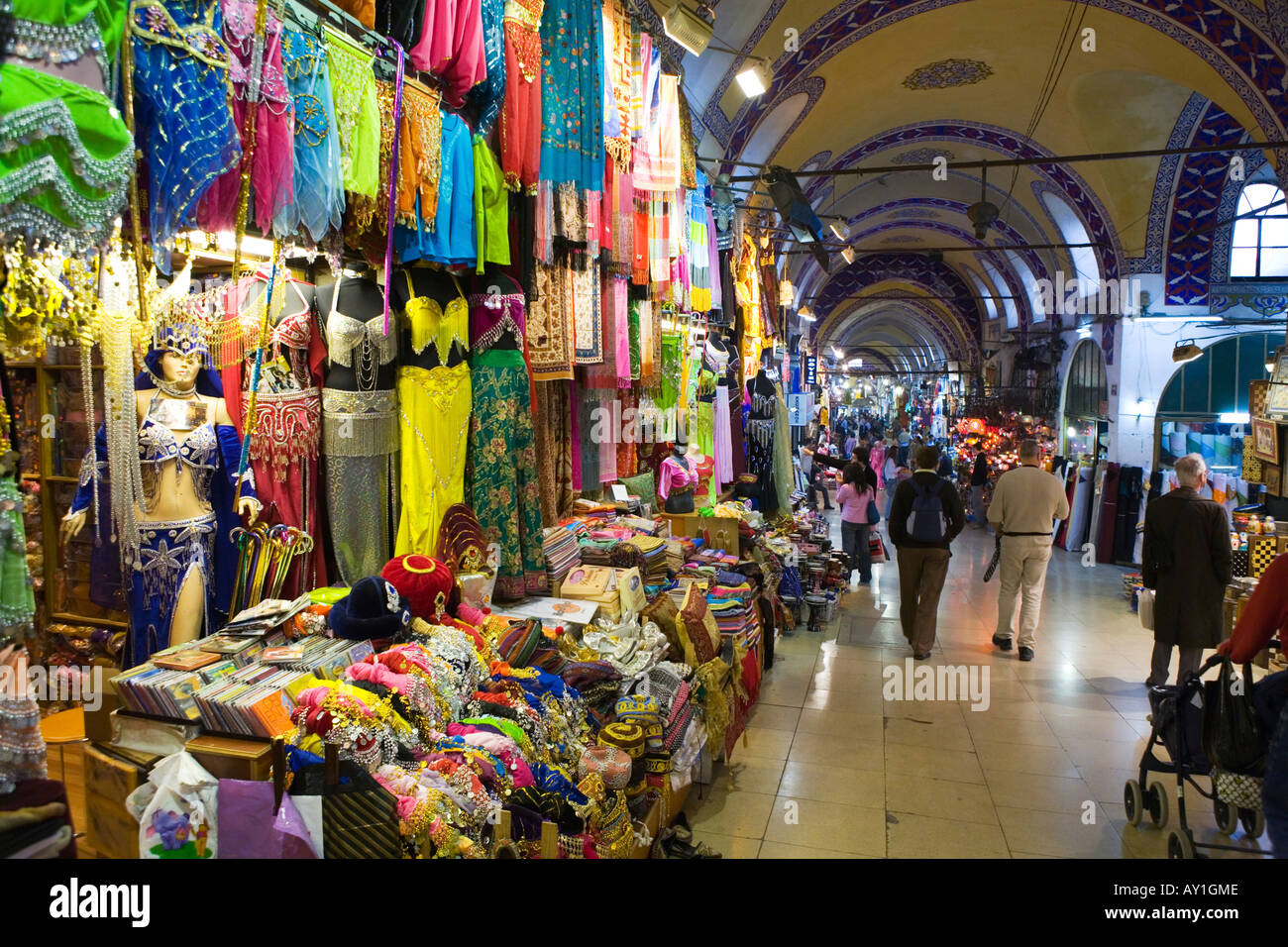 A clothing and fabrics market stall in the Spice Bazaar in Istanbul ...