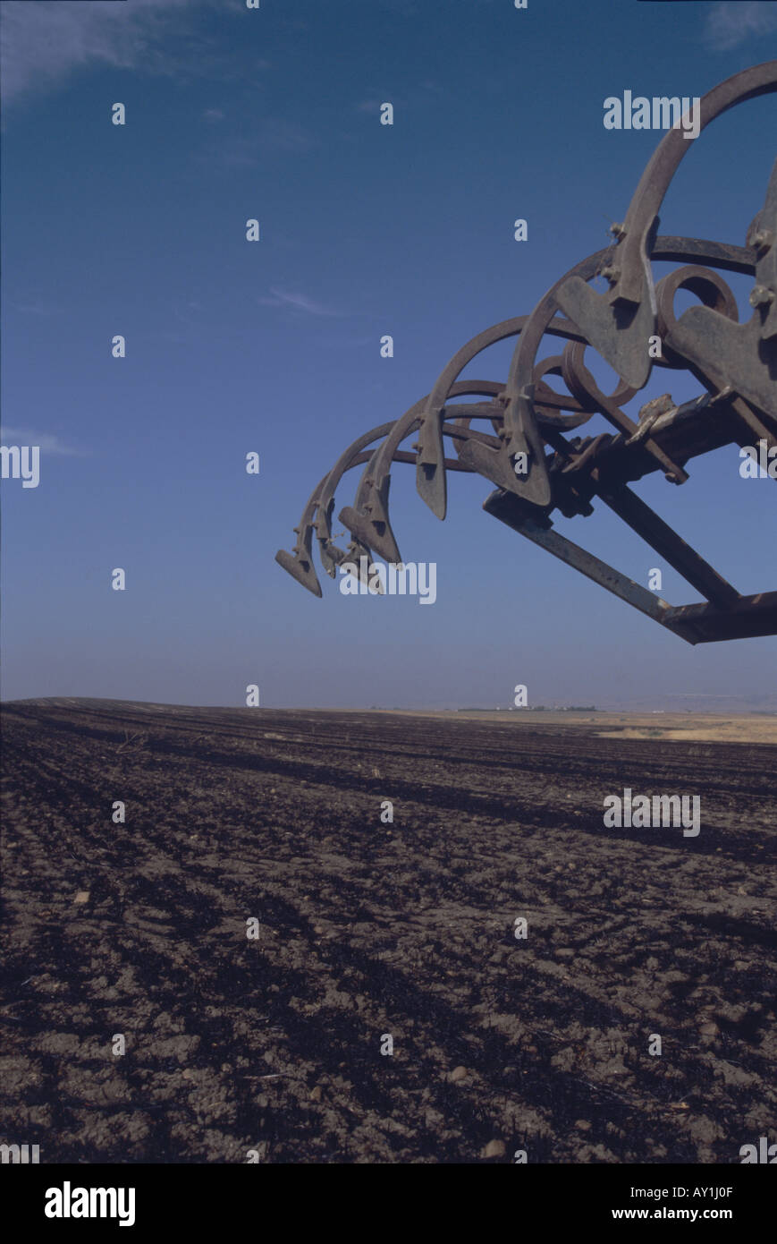 A harrow sort of shallow plough mounted on the back of a tractor rear ...