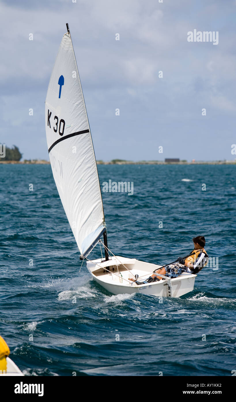 Boy sailing an El Toro dinghy in a yacht race in Kaneohe Bay, Oahu ...