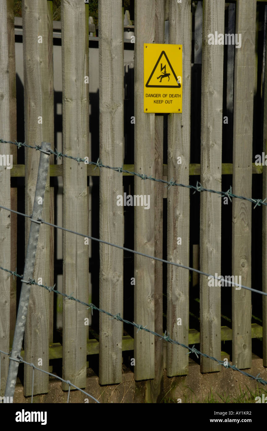 Sign saying 'Danger of Death: Keep Out' on picket fence behind barbed ...