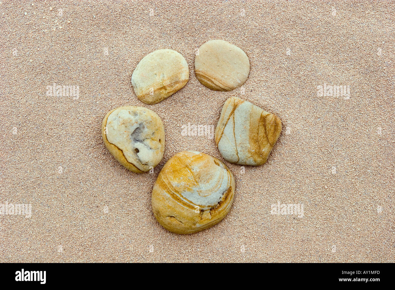 Stones arranged on beach, a circle or ring of arranged patterned eroded ...