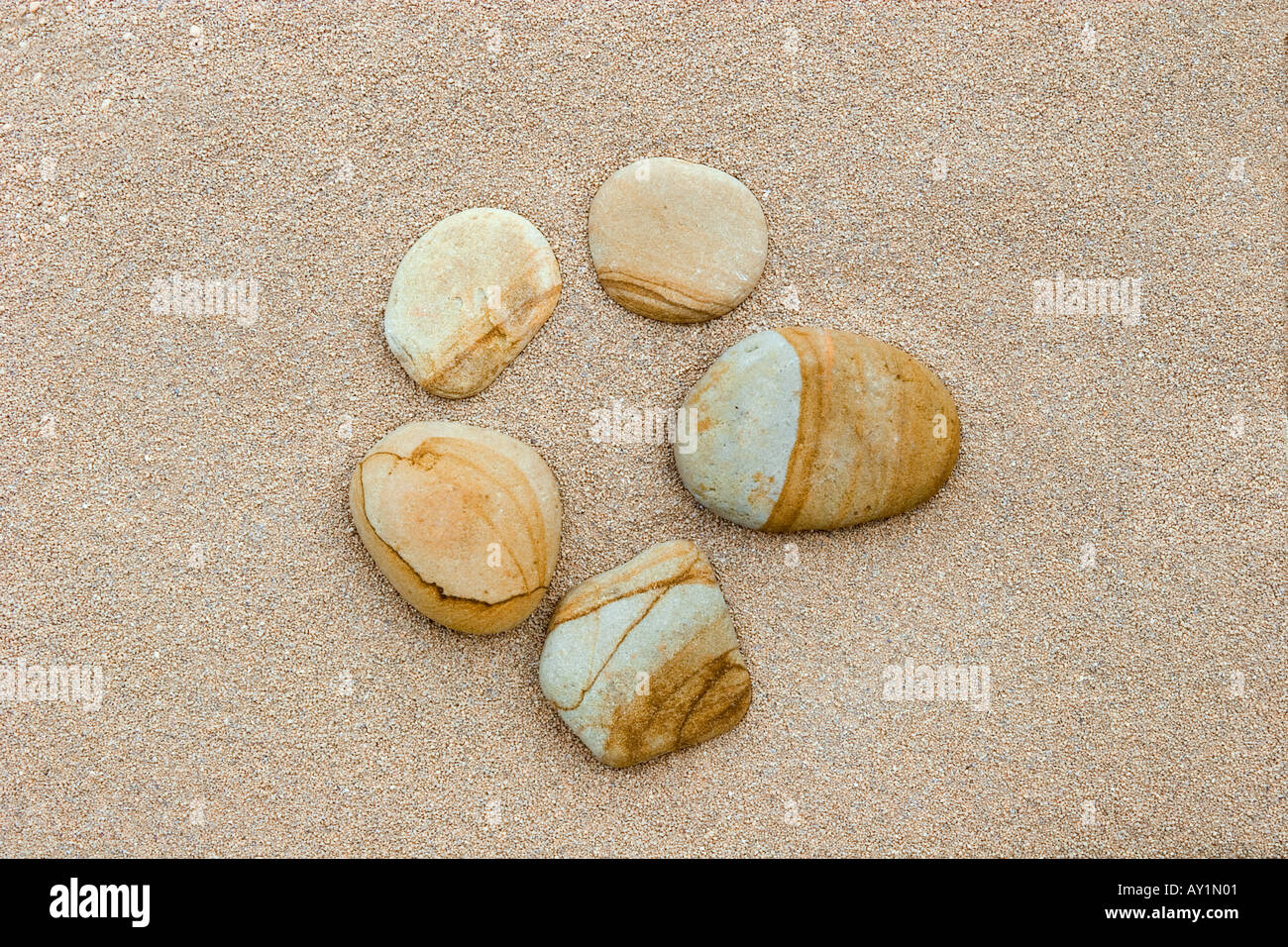 Stones arranged on a beach. A circle or ring of arranged patterned ...