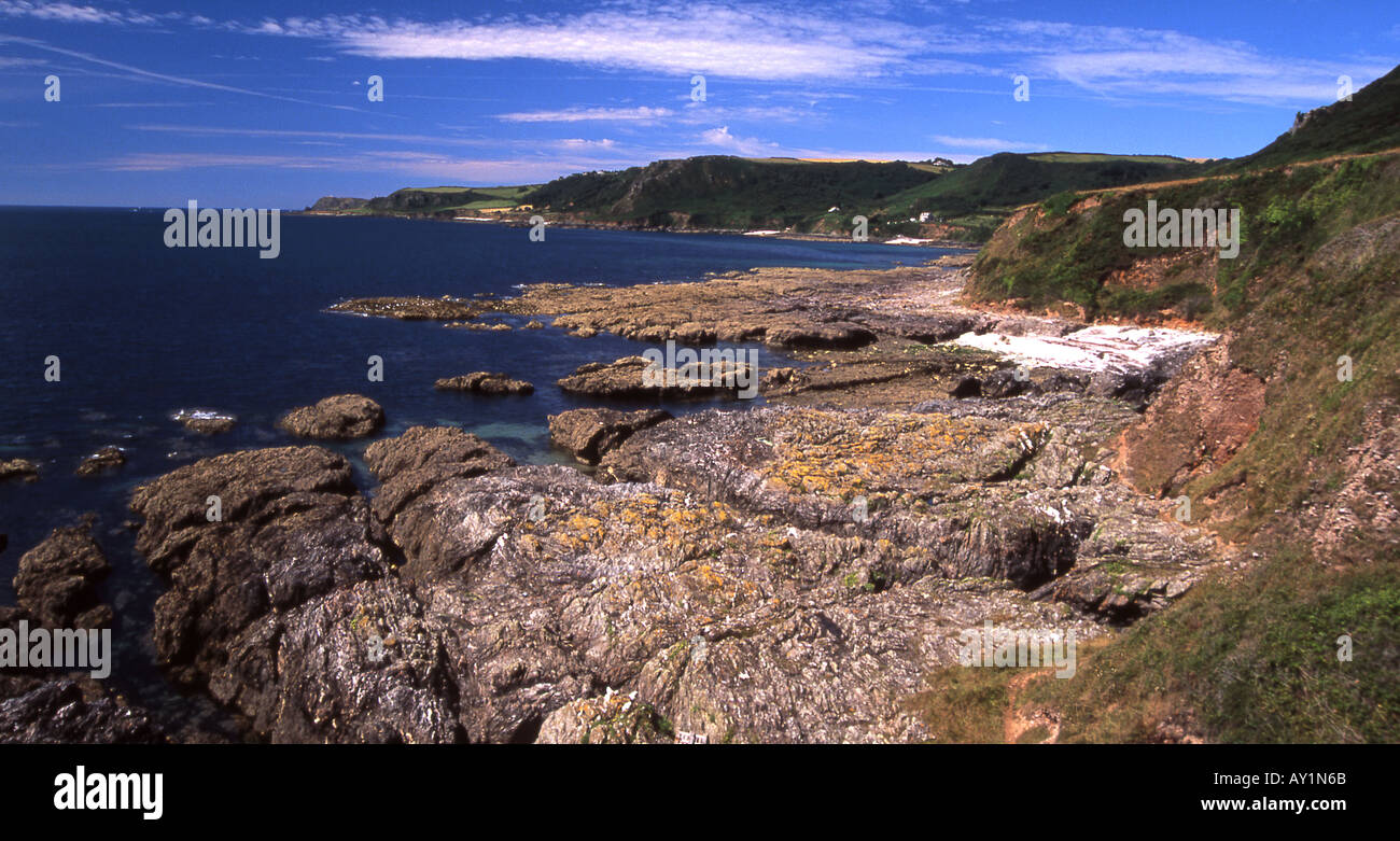 Rocky South Devon coastline at Lannacombe Bay, looking southwest ...