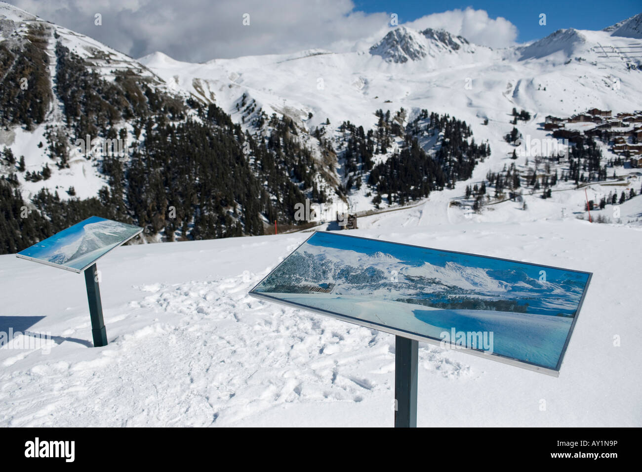 information tables on snow covered mountain viewpoint Stock Photo - Alamy