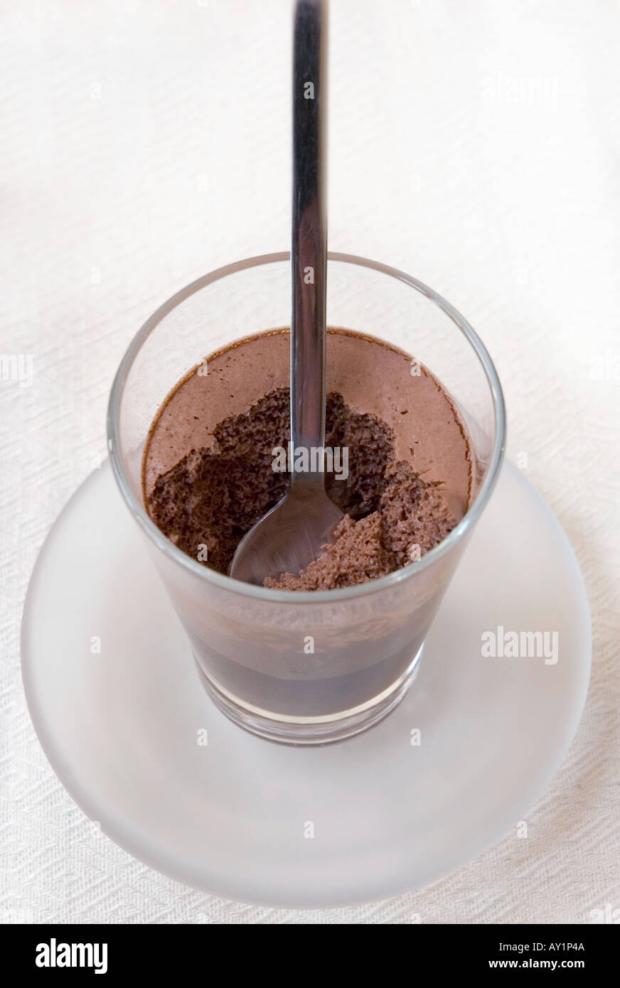 Spoon in chocolate moccha mousse dessert in glass tumbler Stock Photo ...