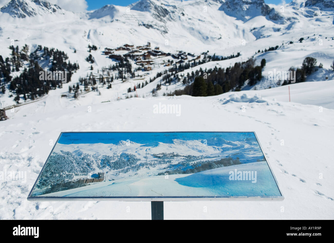 information table on snow covered mountain viewpoint Stock Photo - Alamy