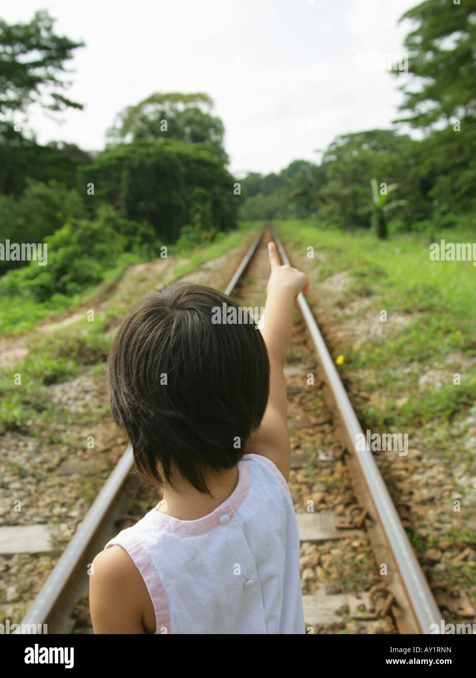 Rear view of a girl pointing forward Stock Photo - Alamy