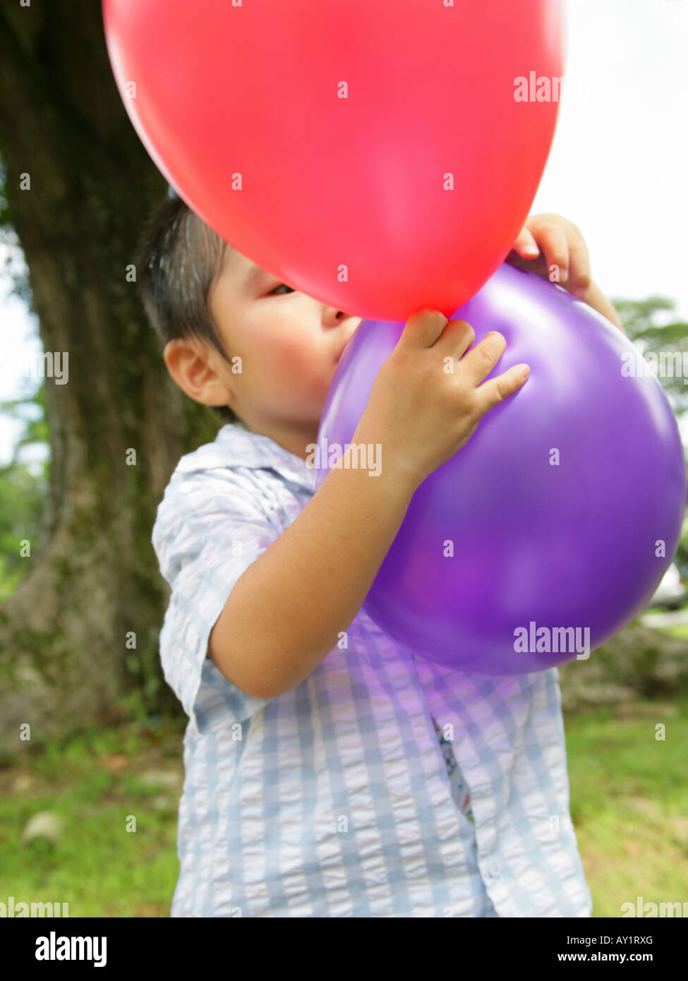 Close-up of a boy holding two balloons Stock Photo - Alamy