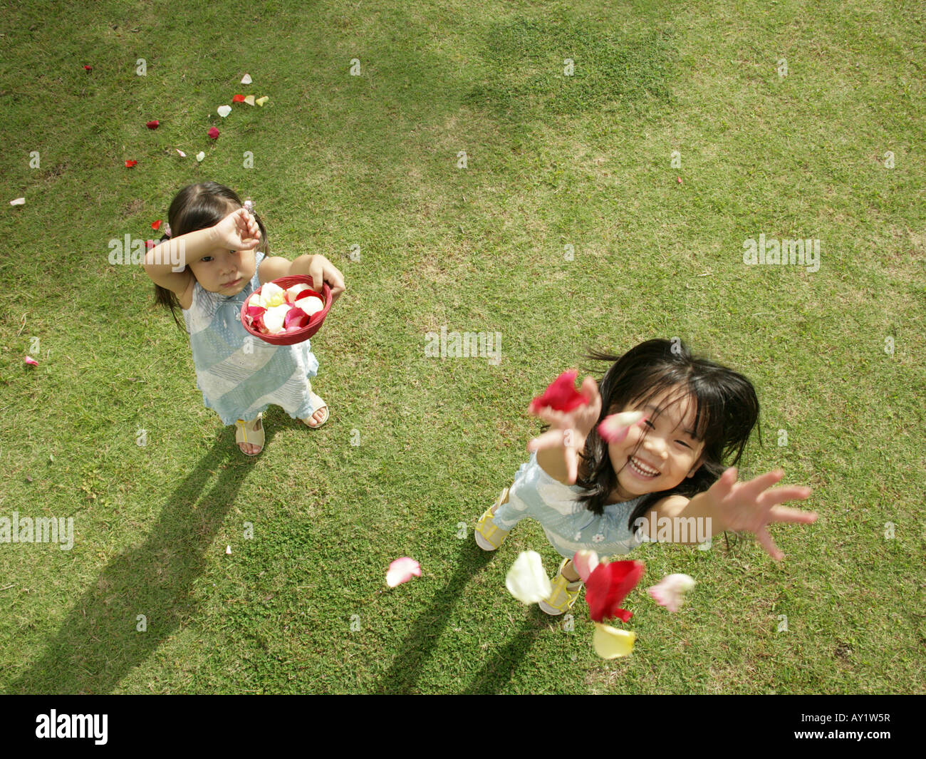 Portrait of two girls throwing rose petals in the air Stock Photo - Alamy