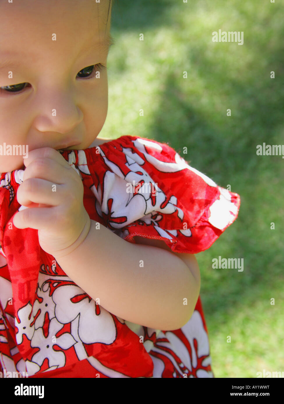 Close-up of a baby girl biting her dress Stock Photo - Alamy