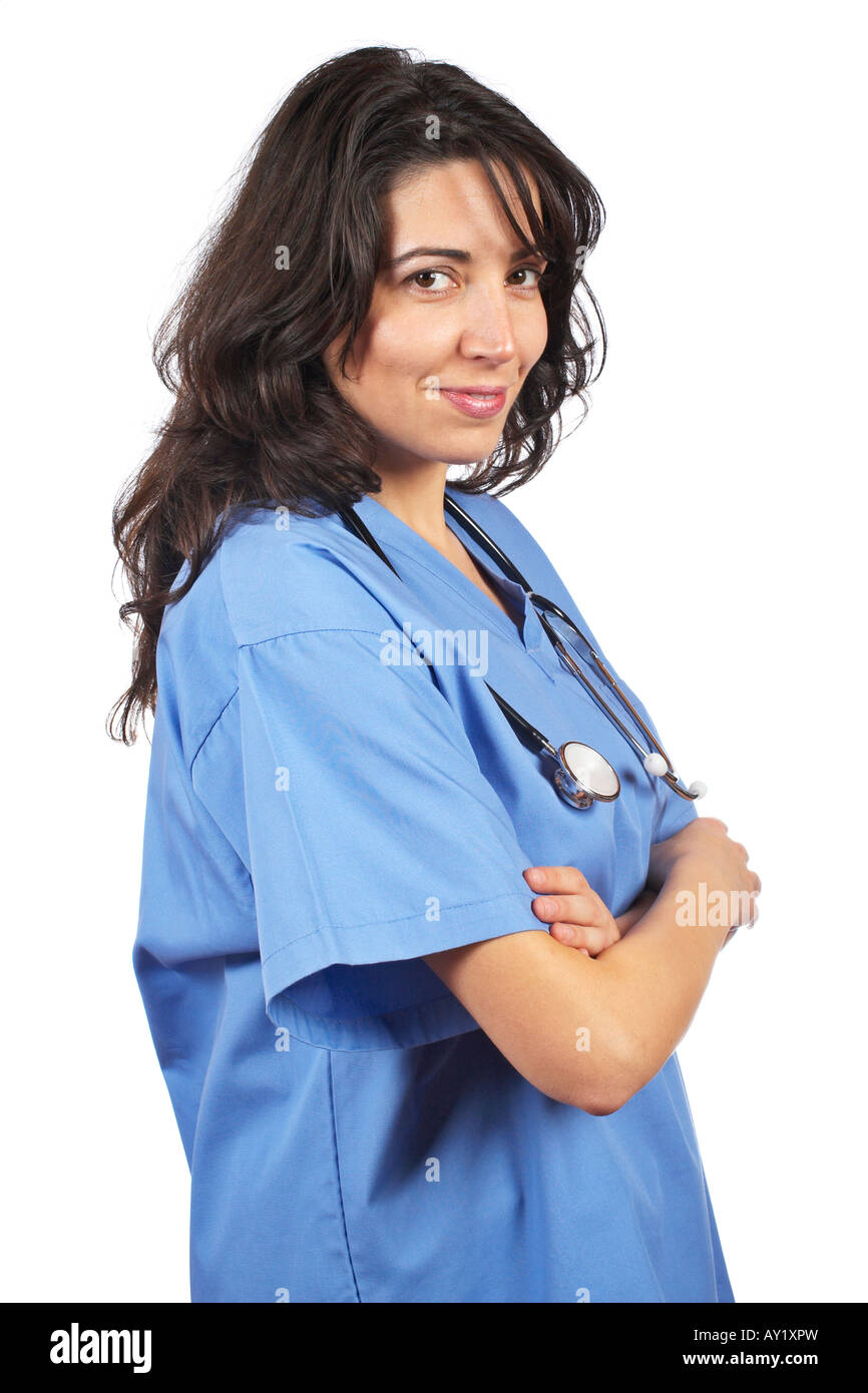 Friendly female doctor in blue scrubs with stethoscope Stock Photo - Alamy