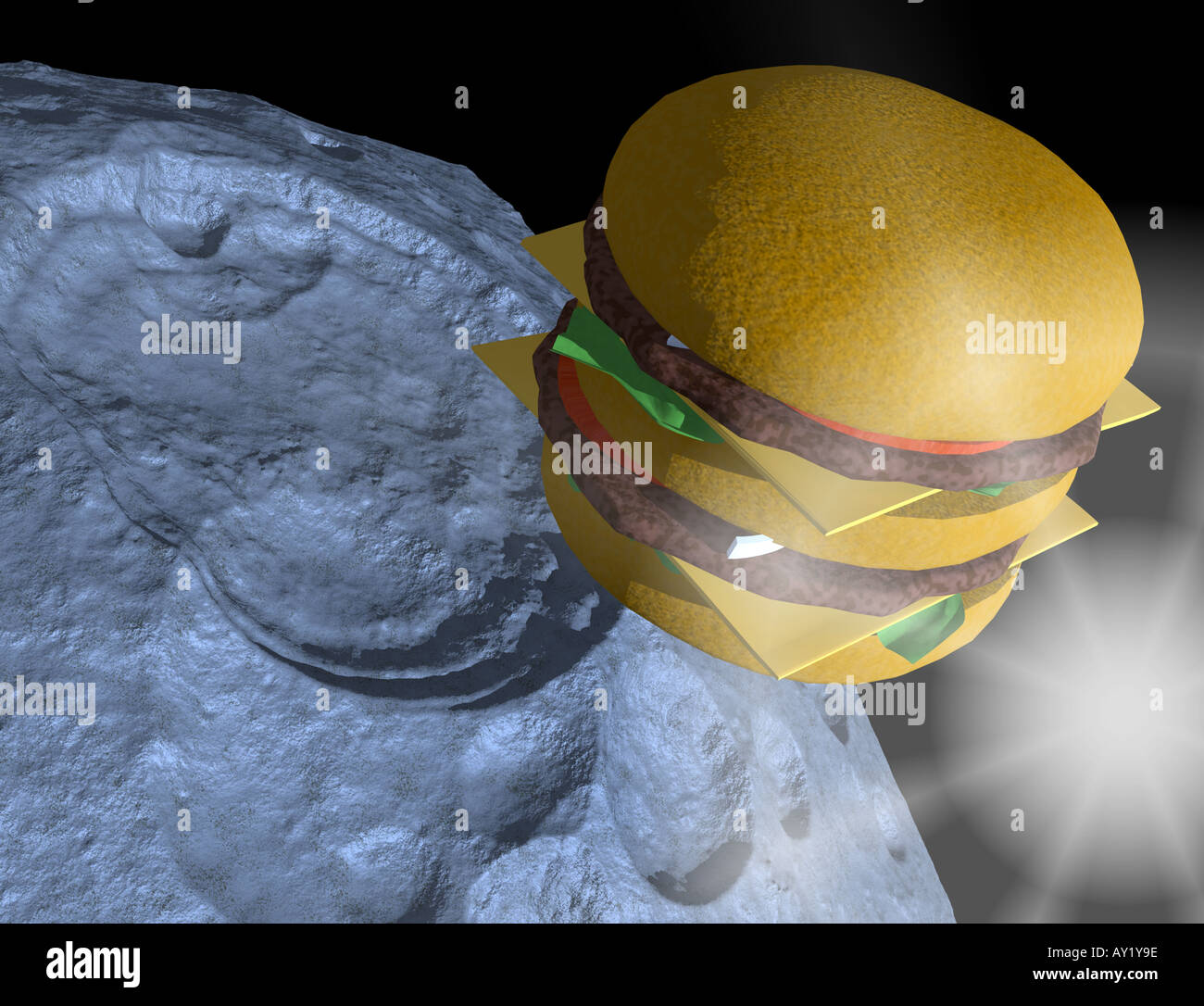 Conceptual image showing a cheeseburger orbiting the moon in outer ...