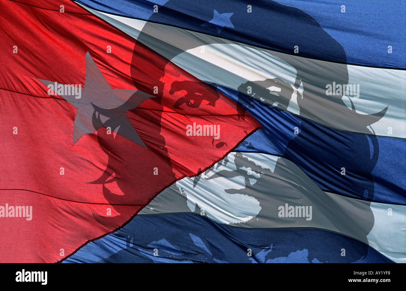 Colourful red white and blue detail of the Cuban national flag with Che ...