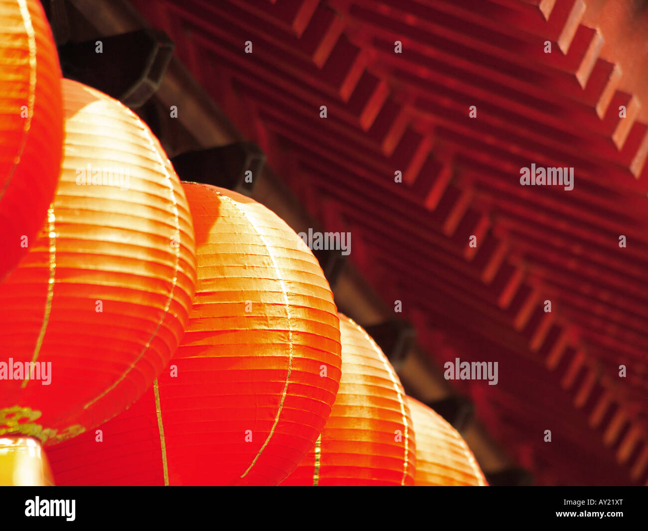 Low angle view of Chinese lanterns hanging in a row Stock Photo - Alamy
