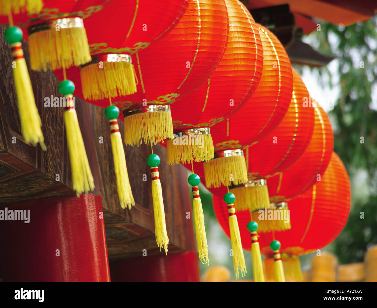 Low angle view of Chinese lanterns hanging in a row Stock Photo - Alamy