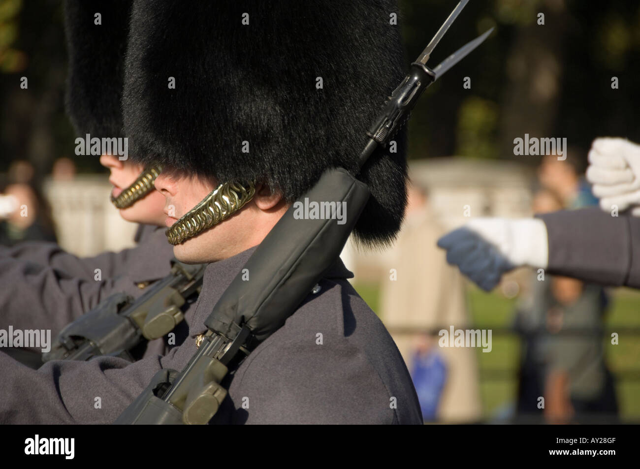 Closeup of guardsmen marching at the changing of the guard, Buckingham Palace, central London ...