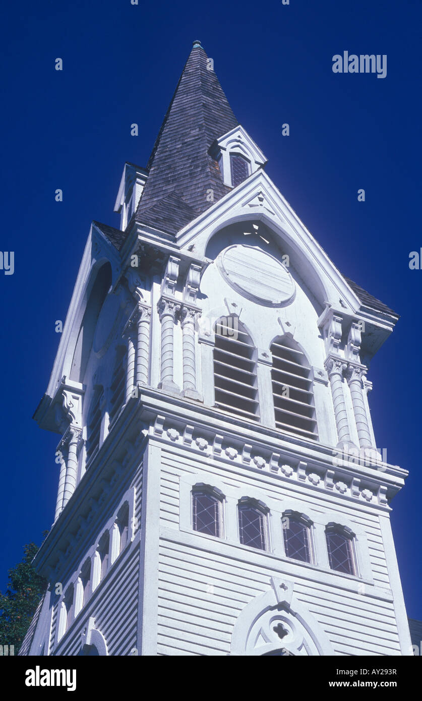 American Victorian Gothic clapboard church spire in New England Middle ...