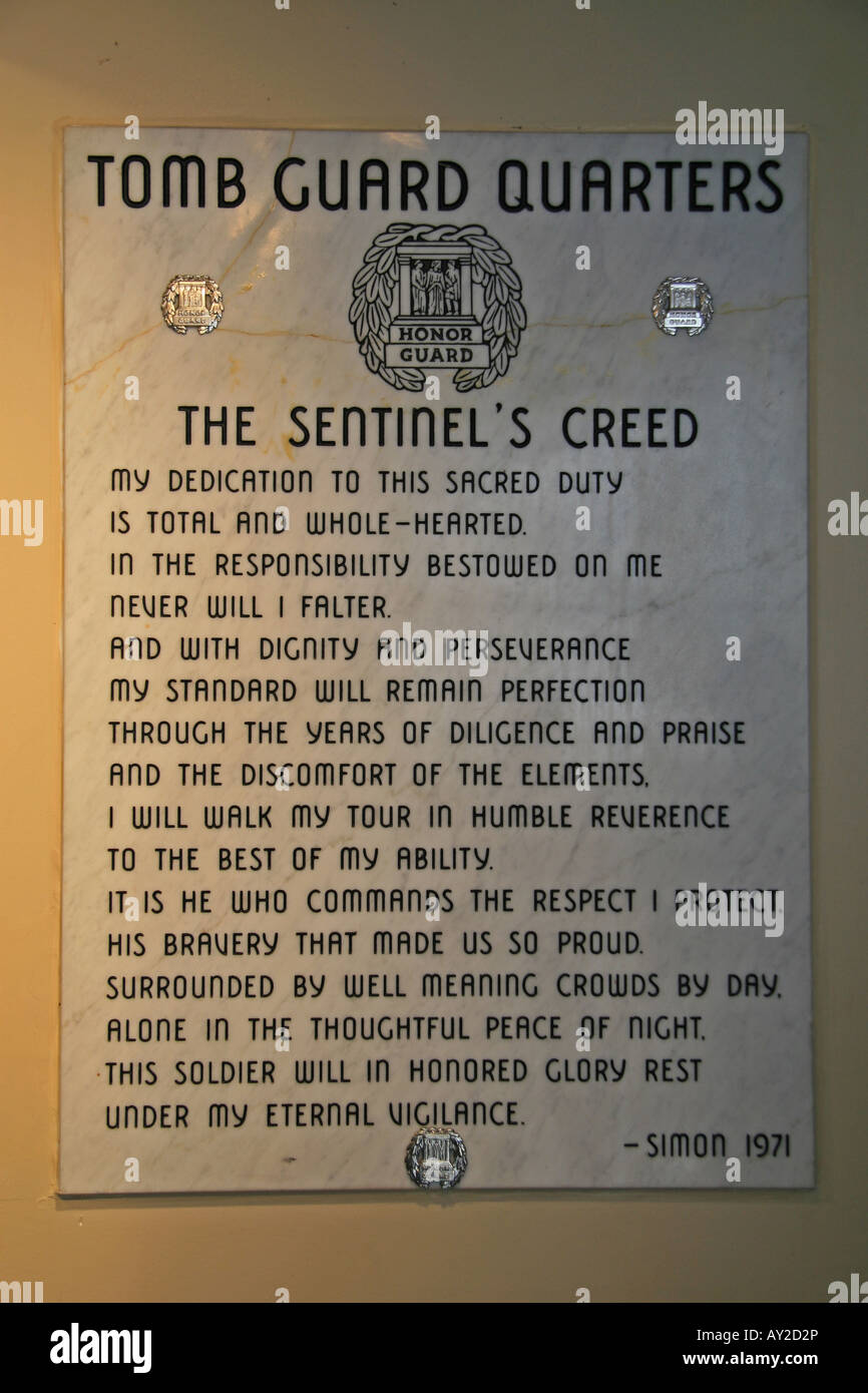 The Sentinel's Creed, on display in the Tomb Guard quarters beside the ...