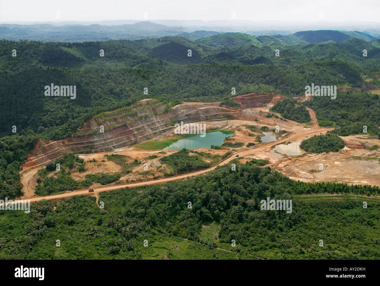 Aerial view of part of surface gold mine concession, with partially ...