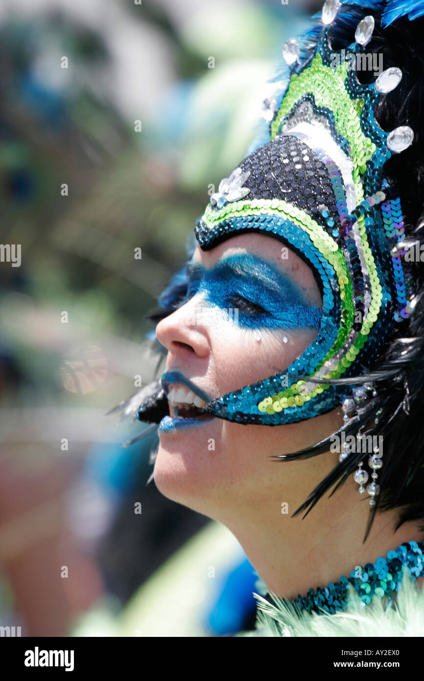 Profile of woman in costume in Summer Solstice parade, Santa Barbara ...