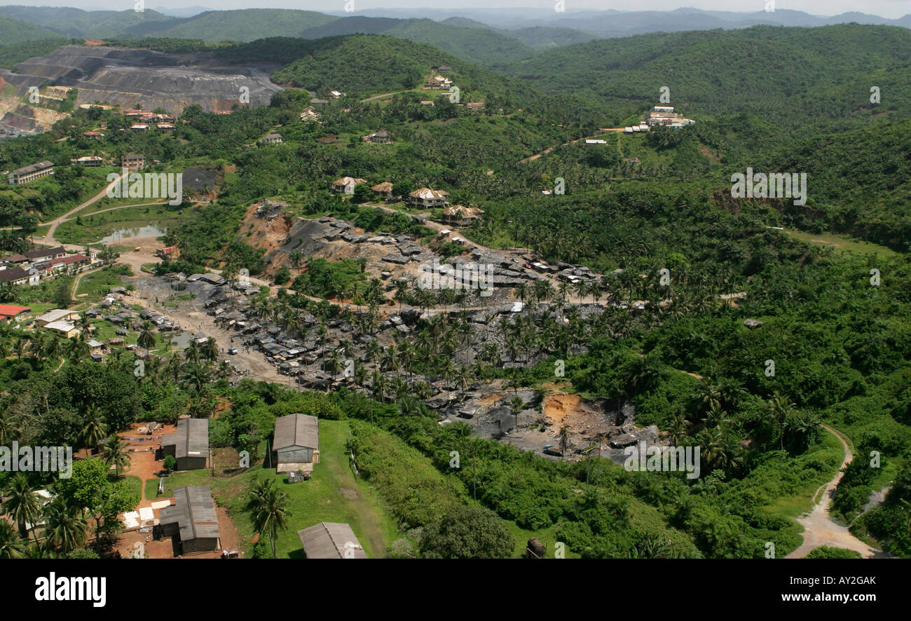 Aerial of illegal gold mining from Galamsay activity centre with ...