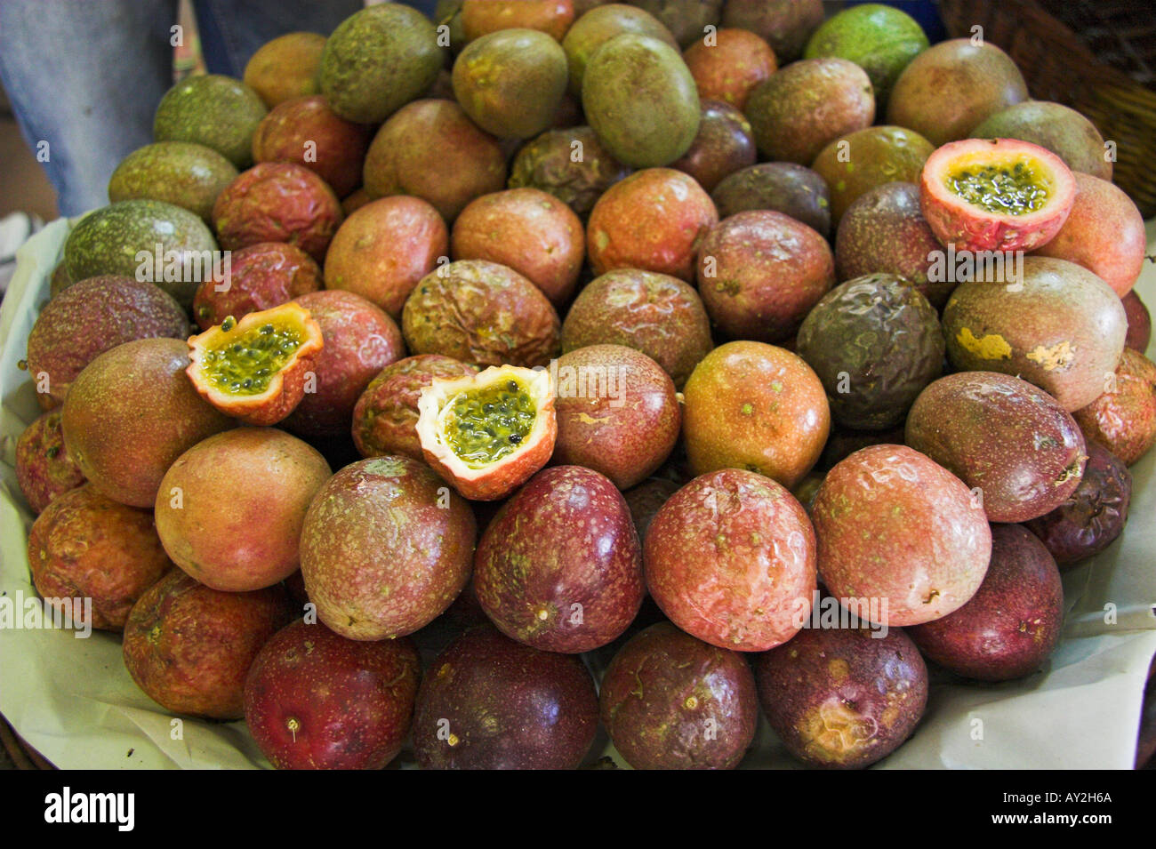 Display of Pineapple Passion Fruit on a market stall at the Mercado dos ...