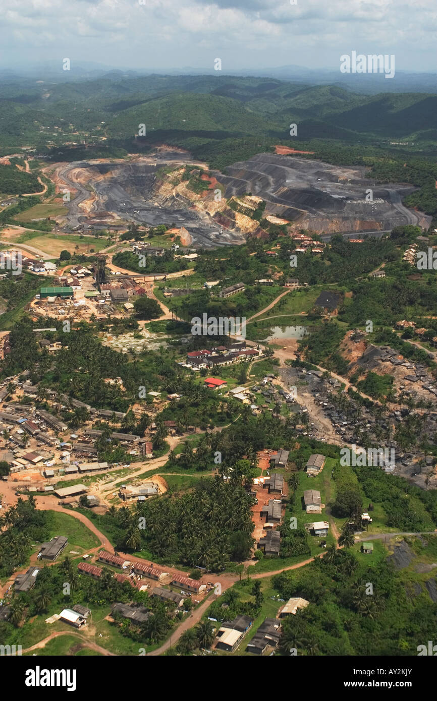 Aerial view of part of Prestea township with surface gold mine ...