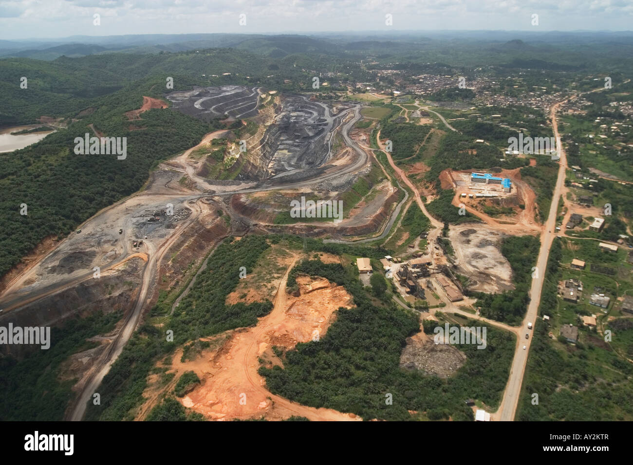 Aerial view of part of surface gold mine concession, showing mining pit ...