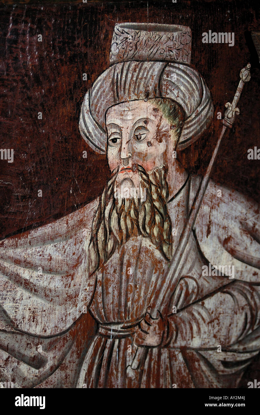 A medieval original artwork on a dark wooden panel depicting a bearded ...
