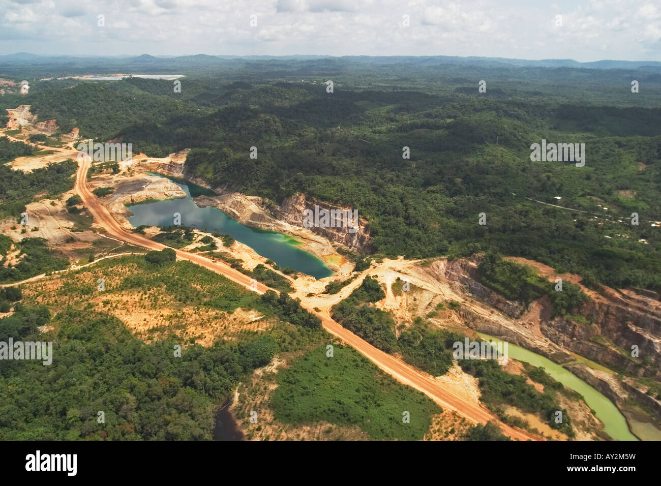 Aerial view of part of surface gold mine concession, showing ...