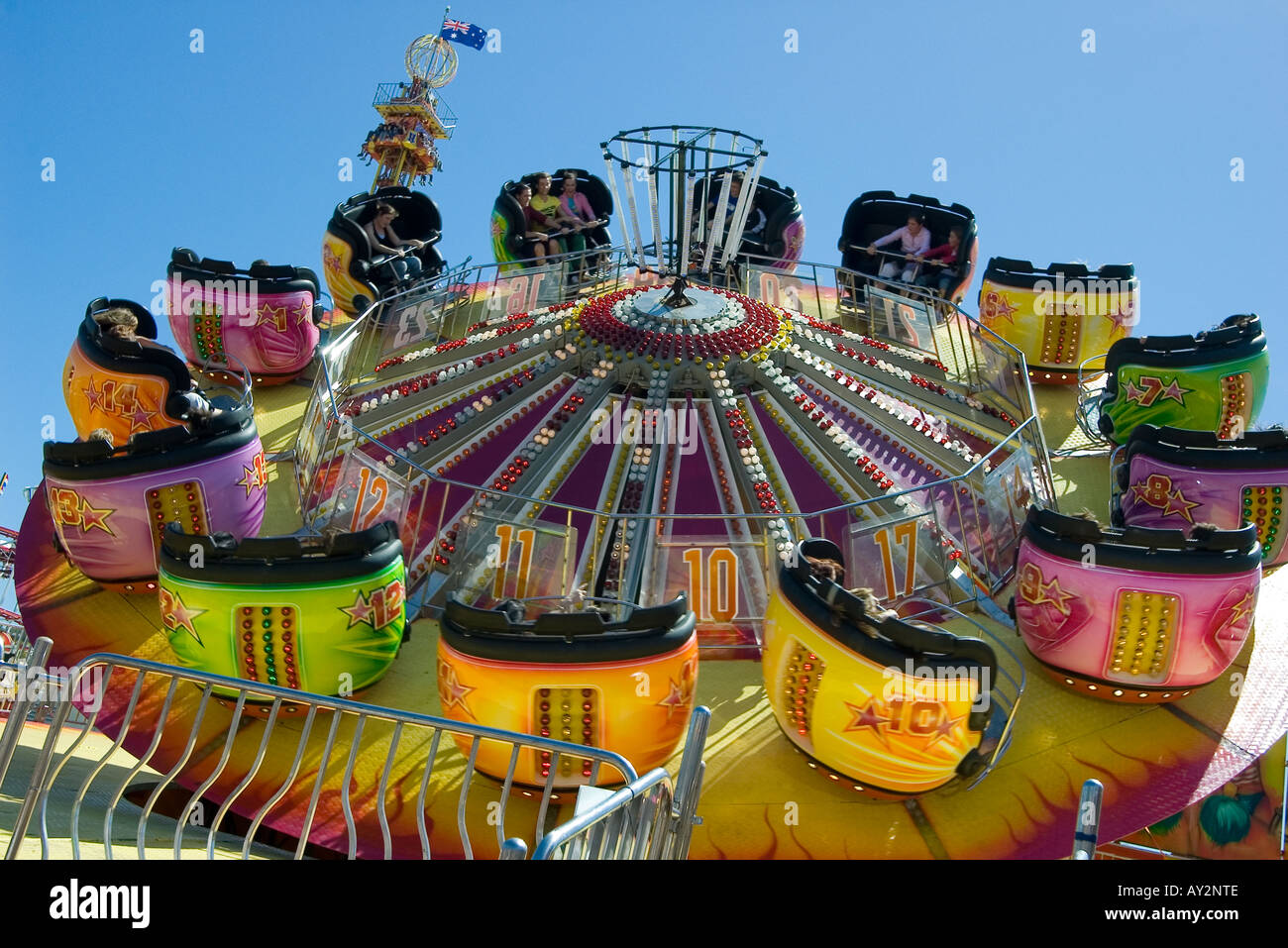 Crowds enjoying funfair rides in the sunshine, Royal Agricultural Show ...