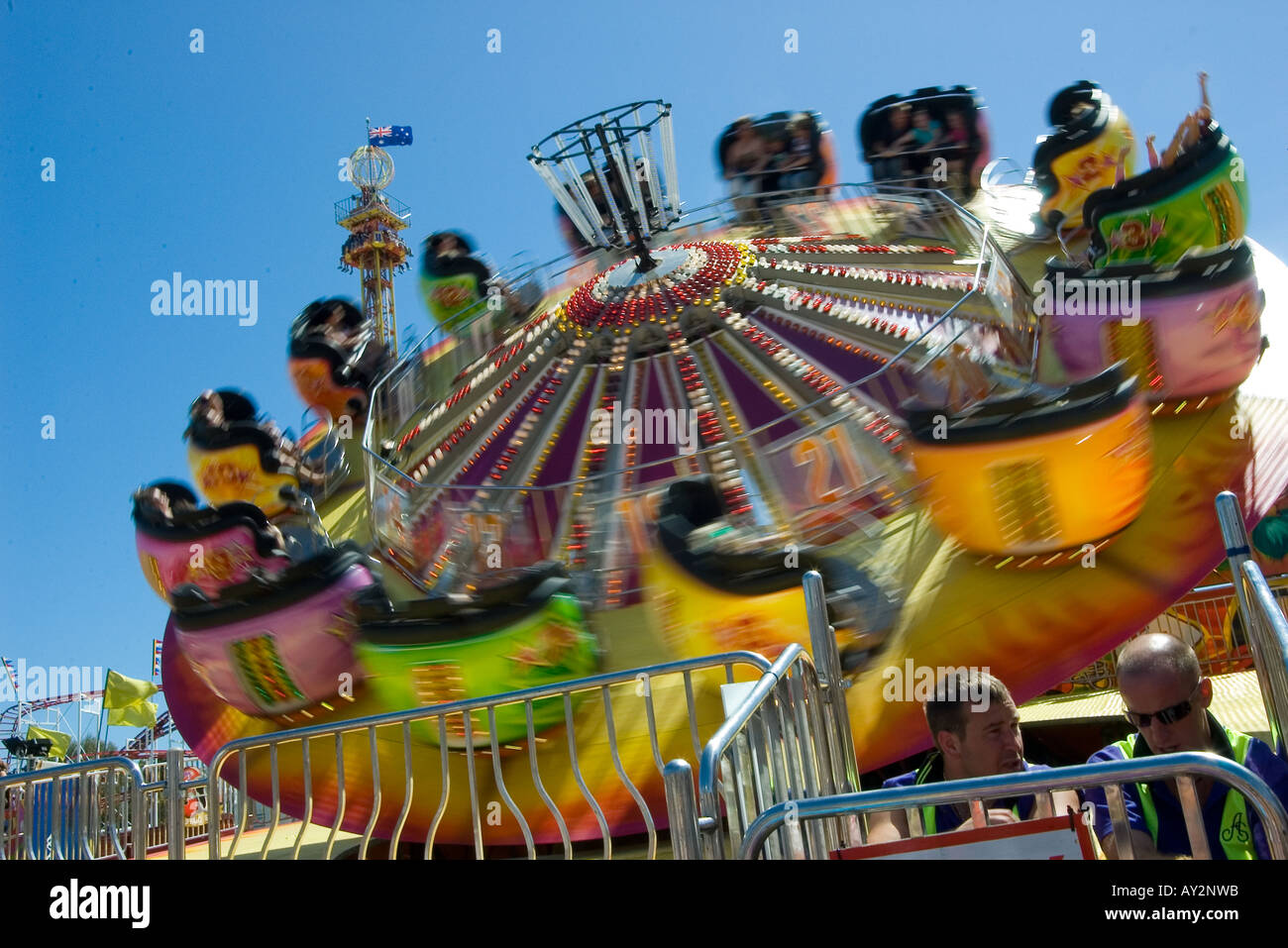 Crowds enjoying funfair rides in the sunshine, Royal Agricultural Show ...