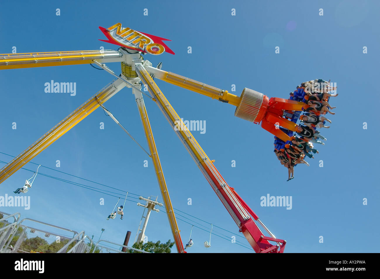 Crowds enjoying funfair rides in the sunshine, Royal Agricultural Show ...