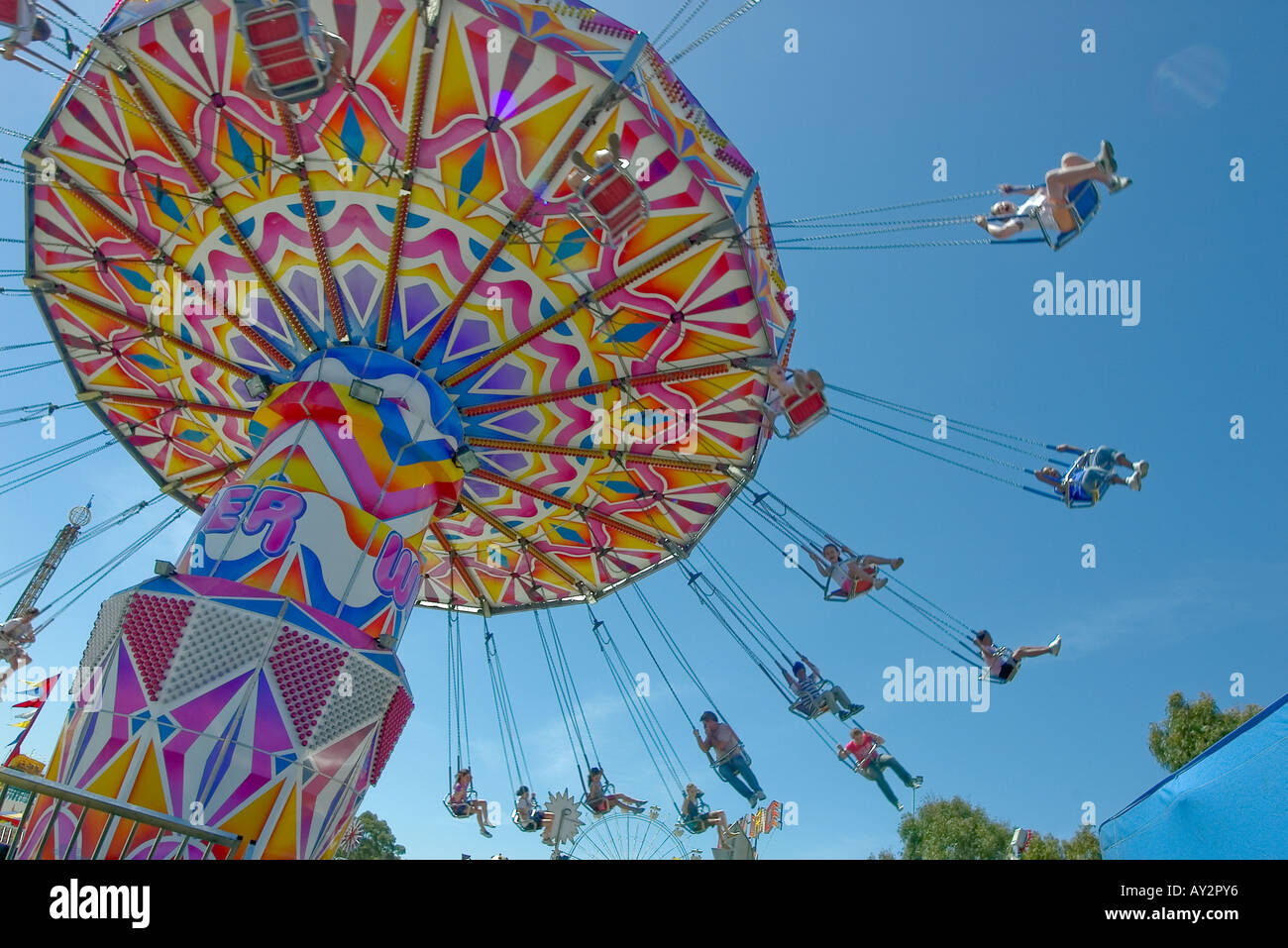 Crowds enjoying funfair rides in the sunshine, Royal Agricultural Show ...
