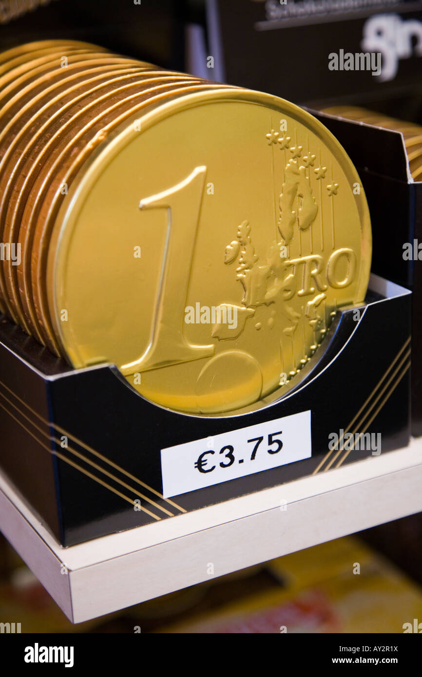 Display of Belgian Chocolate Euro coins at Chocolate shop near the ...