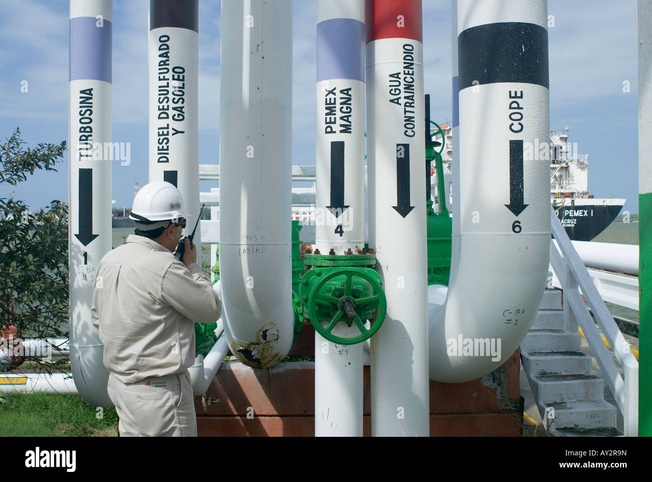 An system of ducts carries refined hydrocarbons to tankers and also ...