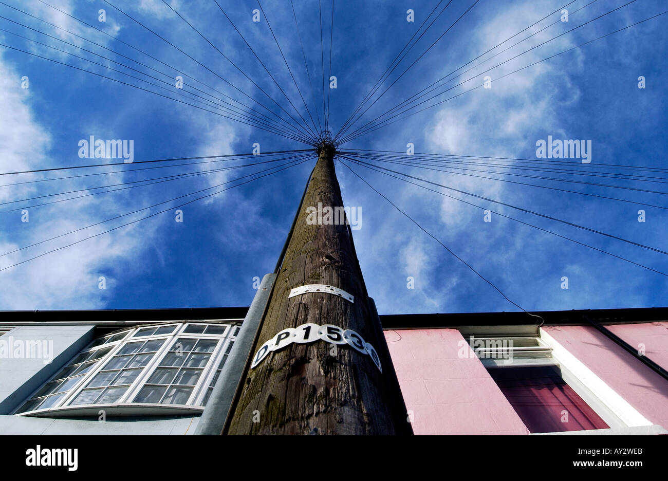 A telegraph pole with a web of lines radiating from its top stands in ...