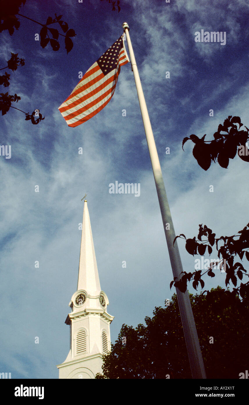 white church and American flag Stock Photo - Alamy