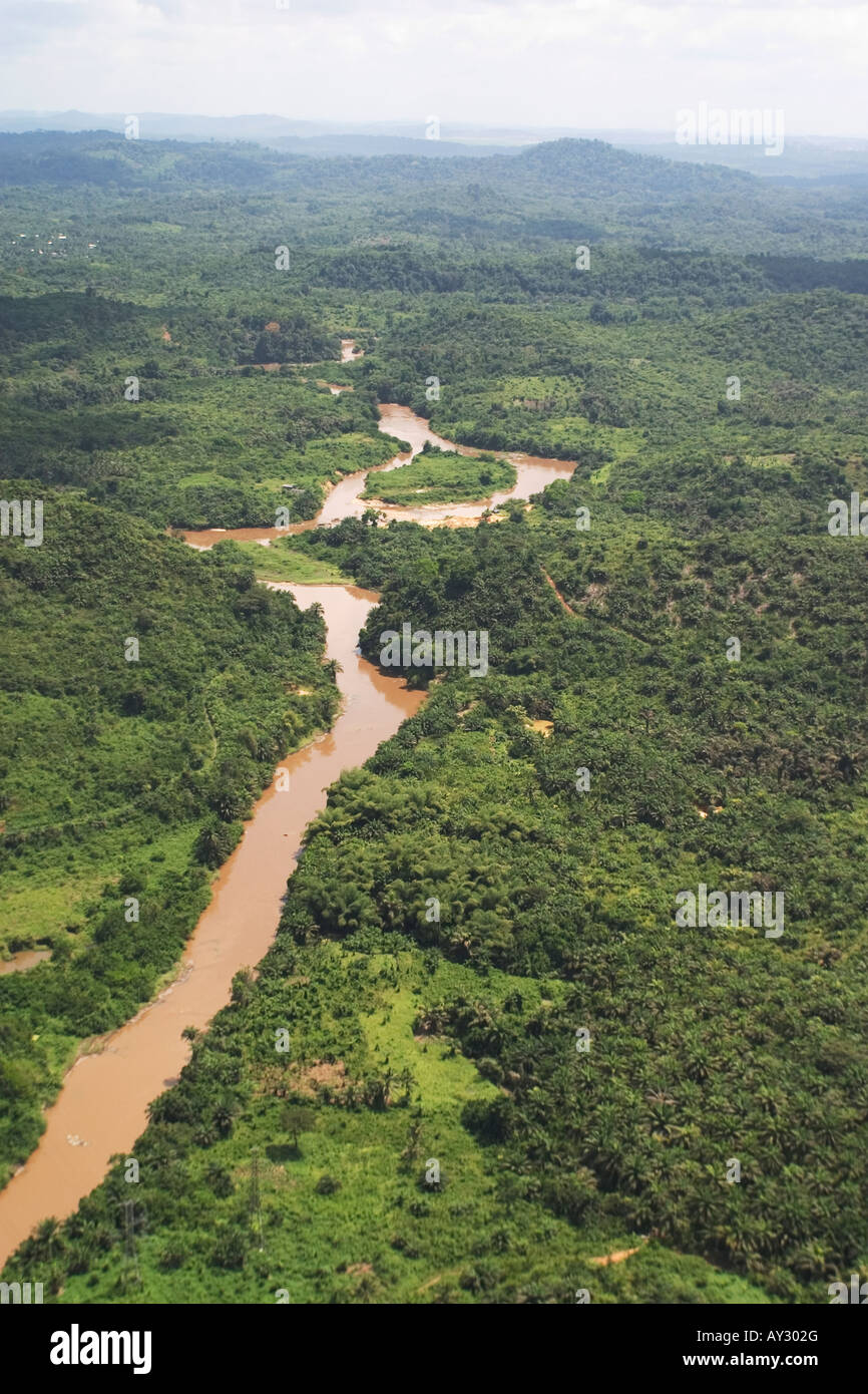 Aerial view of Ankobra river, African gold mining area, near Prestea ...