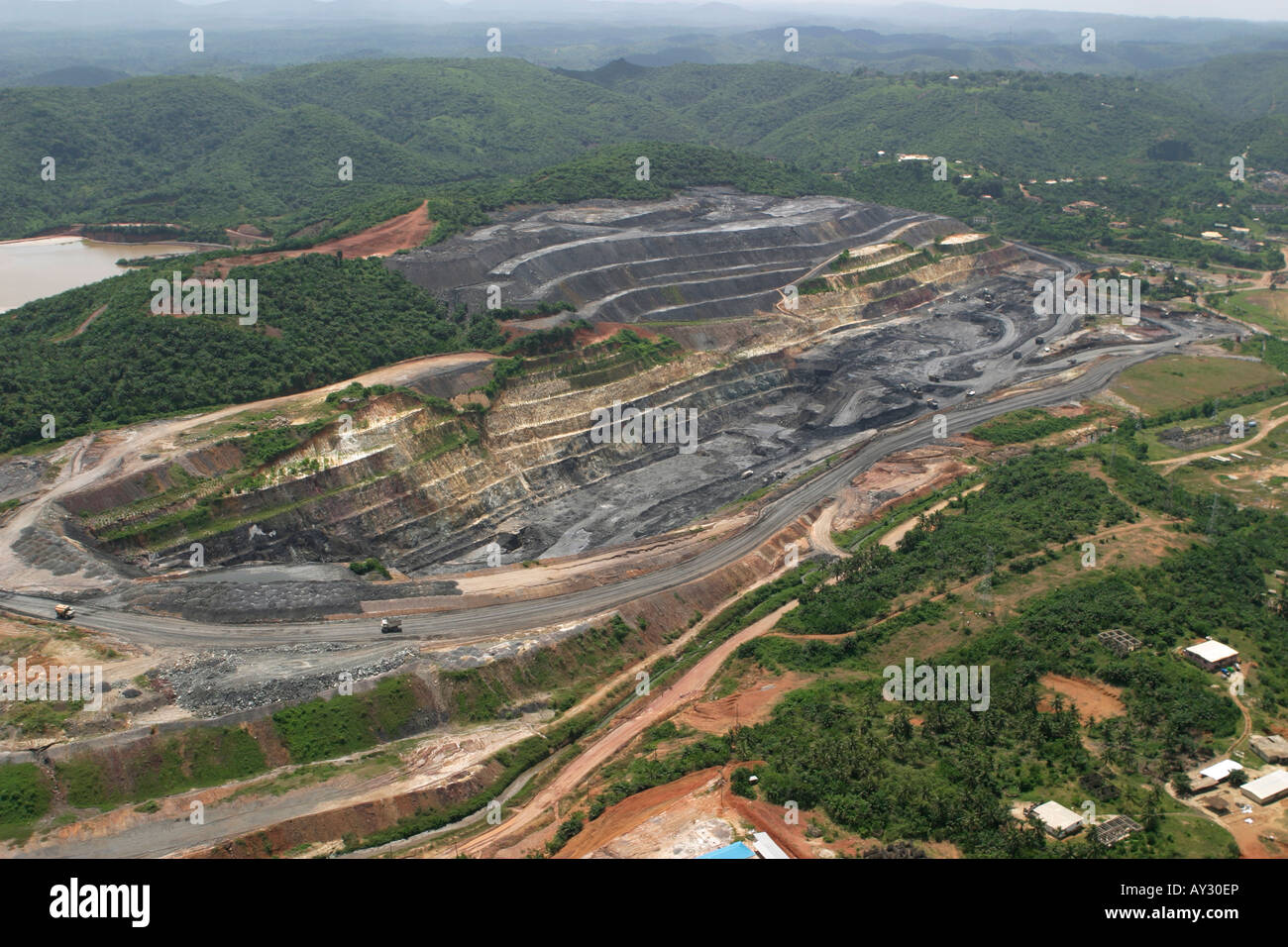 Aerial view of part of surface gold mine concession, showing mining pit ...