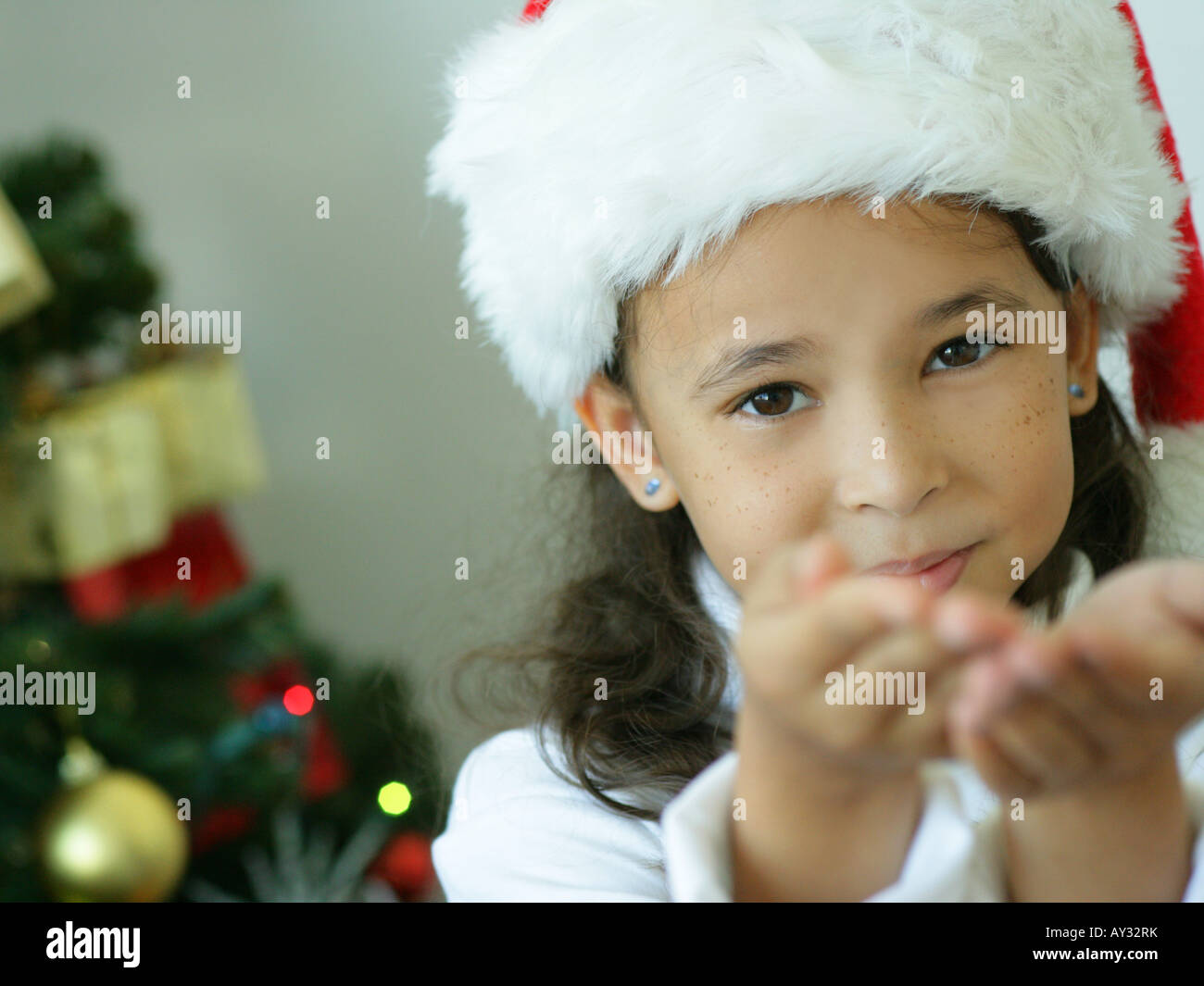 Portrait of a girl wearing a santa hat smiling hi-res stock photography ...